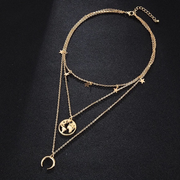 Tendzi Trends | Jewelry | Moon World Map Stars Layered Choker Chain ...